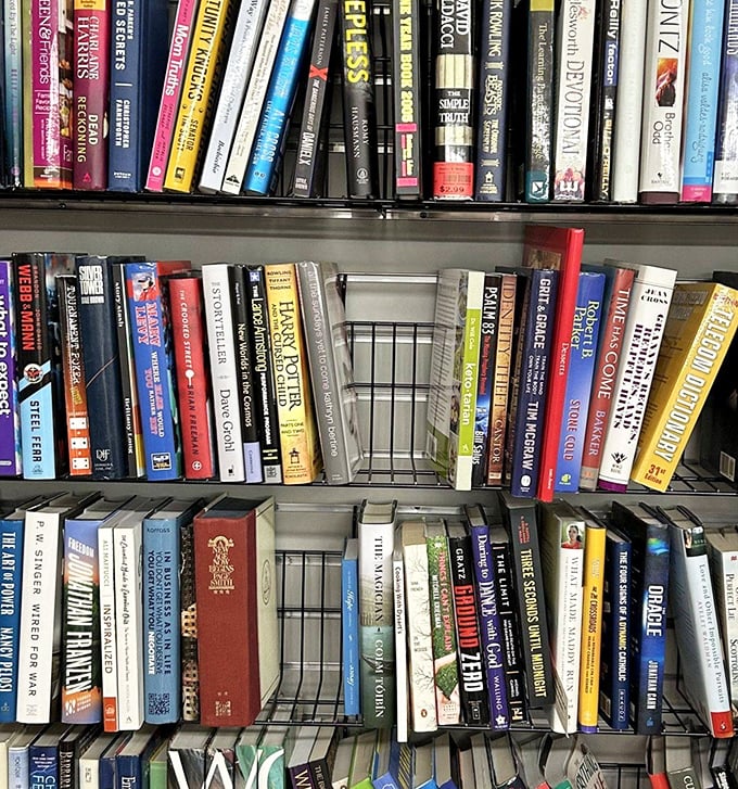 The book section creates a literary potluck where bestsellers from every decade mingle with obscure titles. Spines barely cracked—abandoned improvement projects?
