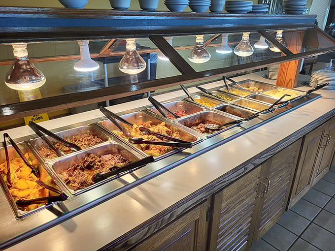 The hot food buffet—where "I'll just try a little of everything" becomes a mathematical impossibility. Steam rising like appetizing fog signals.