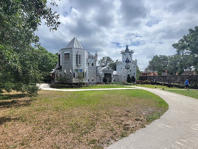 Old cannons stand guard near the castle grounds, perhaps to ward off dragons—or more likely, to add another layer of whimsy to this unexpected attraction.