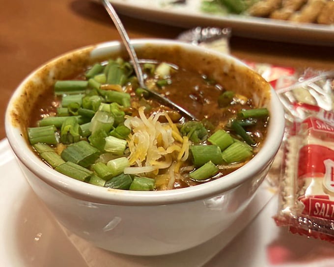 A bowl of Texas red that doesn't need beans to prove its worth – this chili has enough personality to run for local office.