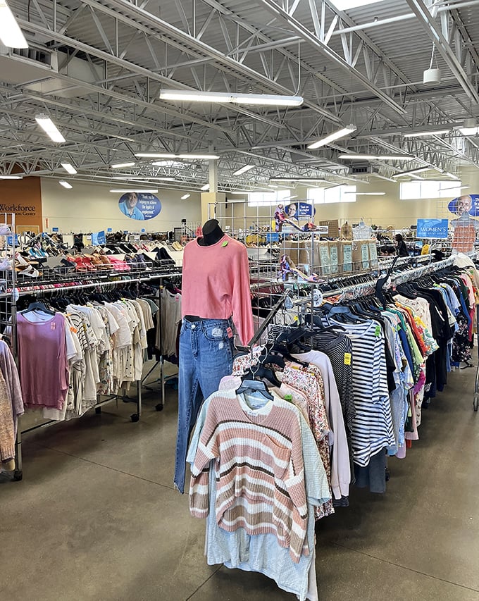 Fashion forward without the sticker shock – racks of carefully organized clothing offer style options for every Wisconsin season.