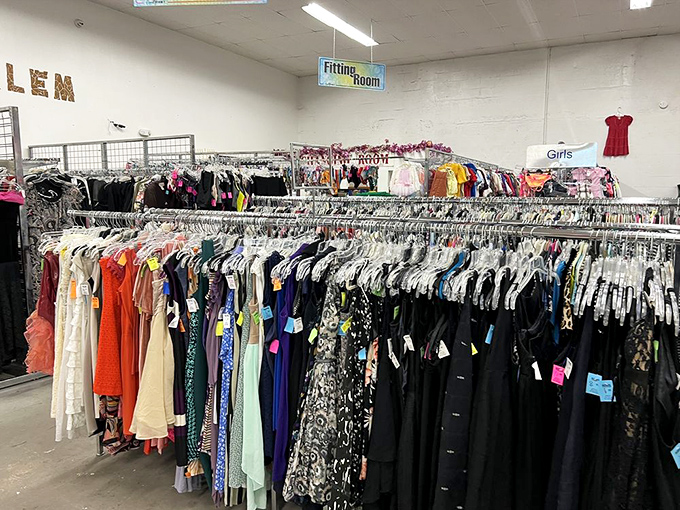 The formal wear section—where prom dresses and wedding attire await their second chance at making memories on the dance floor.
