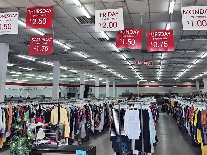The daily migration of clothing seekers, navigating aisles under the watchful guidance of those red price banners – a thrifter's north star.