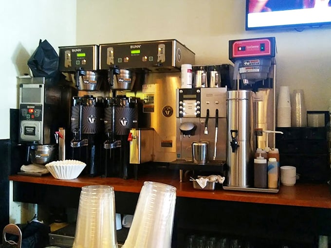 The coffee station: where morning magic happens. These machines don't just brew coffee—they manufacture motivation for the day ahead.
