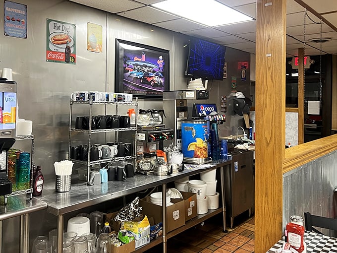 The coffee station—command central for any serious diner operation—where mugs wait patiently for their moment to serve.