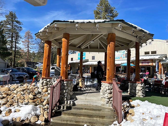 The town gazebo serves as Idyllwild's community living room, where locals gather under wooden beams to share stories, music, and the simple pleasure of mountain togetherness.