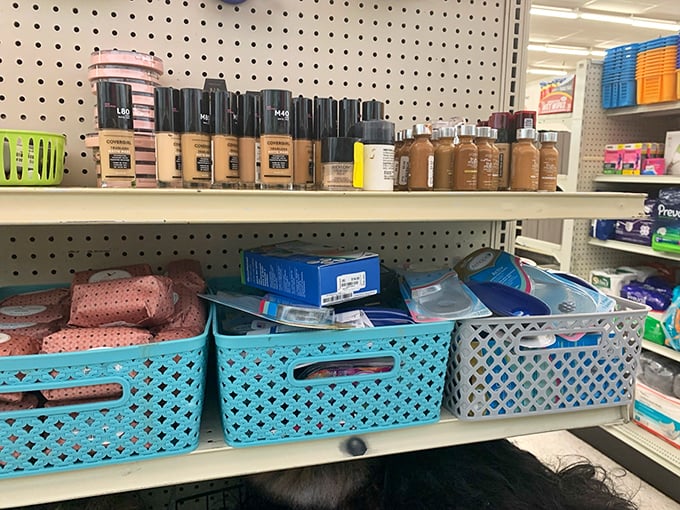 Beauty products and personal care items neatly arranged in colorful bins—proof that self-care doesn't require emptying your wallet.