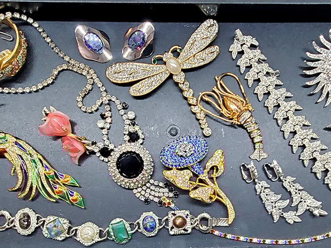 Vintage costume jewelry that whispers tales of glamorous dinner parties past—each rhinestone dragonfly carrying decades of sparkly secrets.