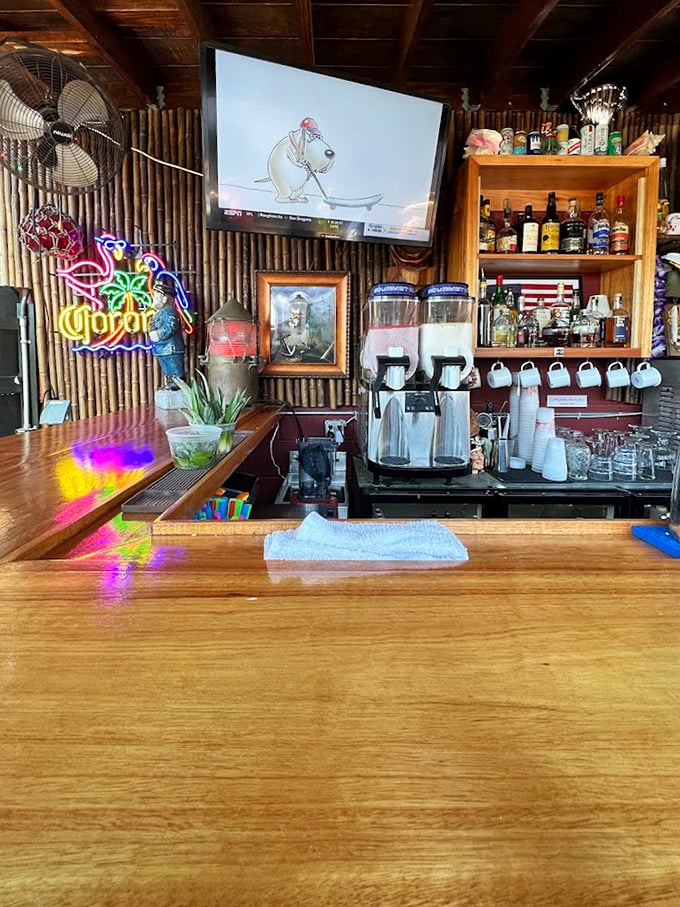 The bar area isn't just functional—it's a museum of island living with bamboo walls and neon signs that say "vacation" even on a Tuesday.