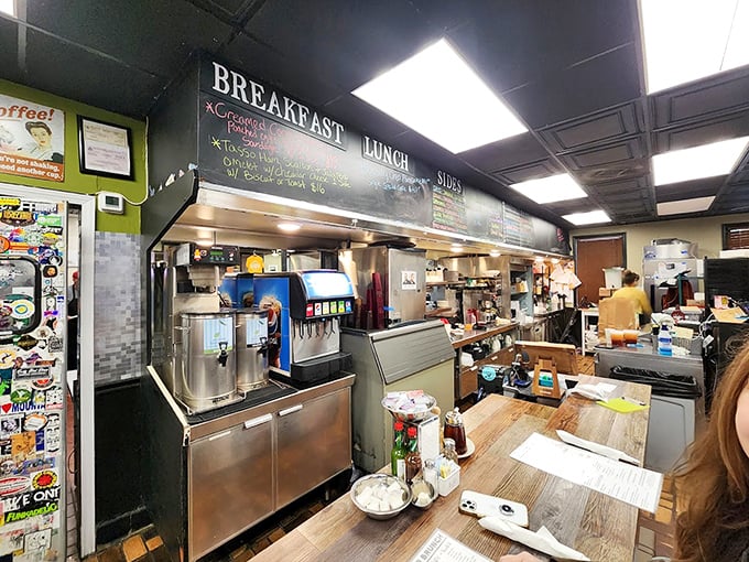 The beating heart of any great diner—a counter where coffee flows freely and breakfast dreams come true before your eyes.