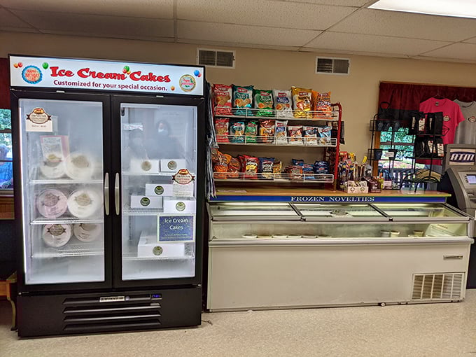 Ice cream cakes and frozen novelties await their forever homes—proof that Lapp Valley's dairy magic extends beyond the scoop.