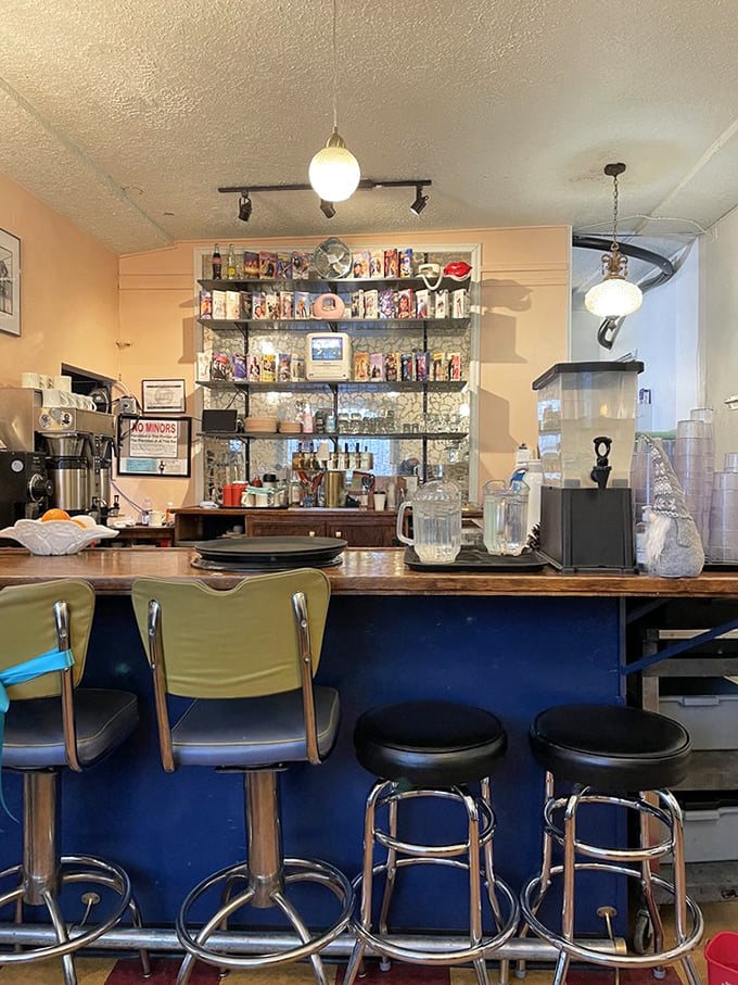 The counter at The Mont feels like a time capsule of comfort—vintage barstools and shelves lined with nostalgic treasures from simpler times.