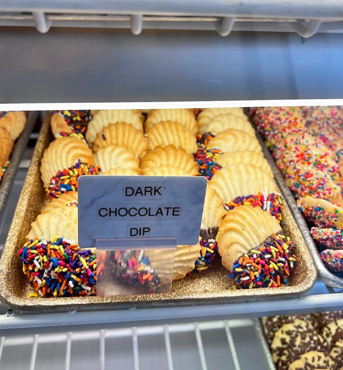 Cookies dipped in chocolate and sprinkles—proving that sometimes the best outfit is the most colorful one.