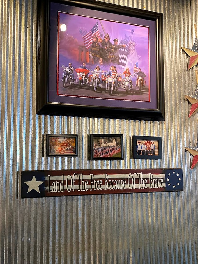 The walls tell stories of patriotism and road trips, creating an atmosphere where bikers and families find common ground over smoked meats.
