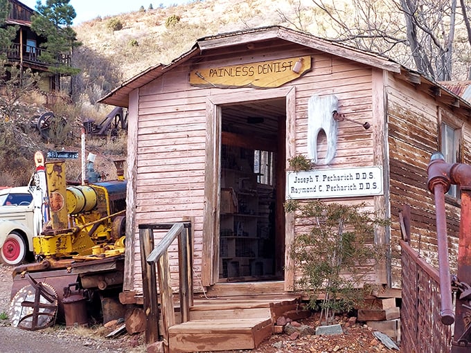The "Painless Dentist" sign might be the most optimistic piece of advertising in the American West. That tooth hanging outside isn't fooling anyone.