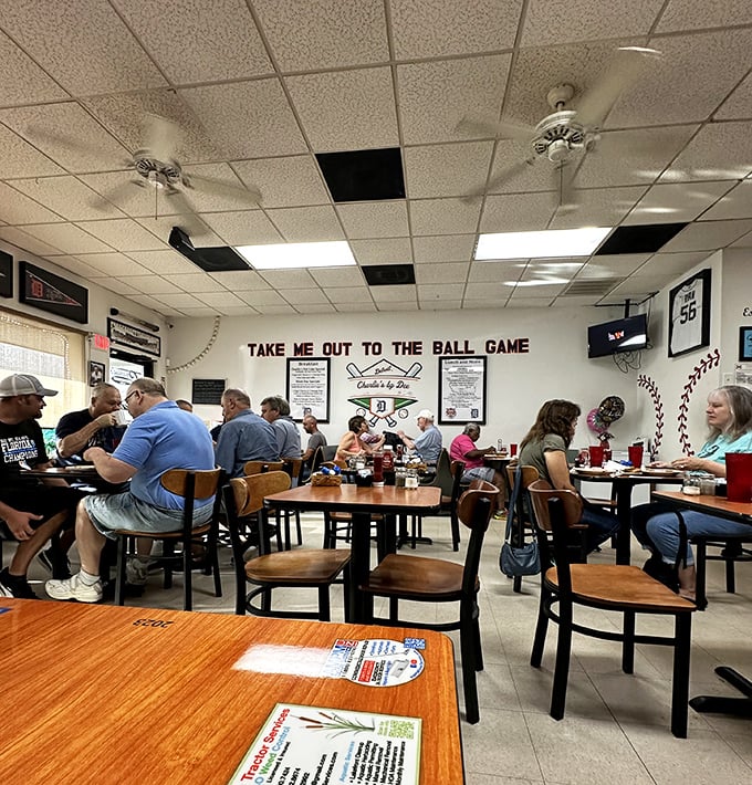 The baseball-themed dining area shows Charlie's isn't just about food—it's where community happens. Take me out to the ball game, indeed.