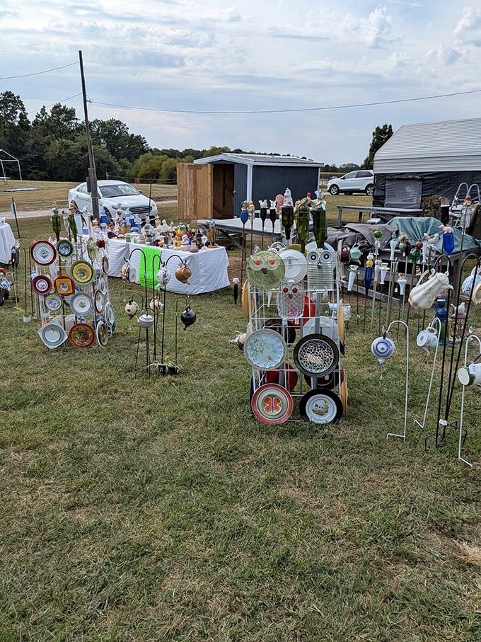 Garden art that catches both sunlight and imagination. These plate flowers and metal creations bloom year-round, requiring no water—just occasional dusting.