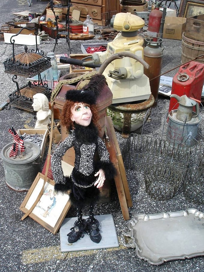 Not your average mannequin! This leopard-print diva with attitude stands guard over vintage kitchenware and Americana with fabulous flair.
