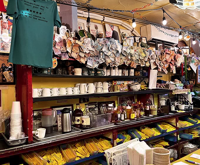 Dollar bills and memorabilia create a tapestry of customer loyalty on Al's walls. Each note represents someone who found their breakfast bliss.