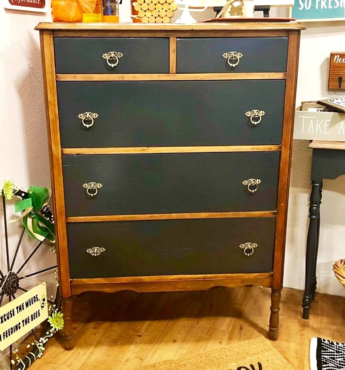 This two-tone dresser with brass pulls isn't just furniture—it's the perfect marriage of vintage bones and modern style that HGTV dreams are made of.