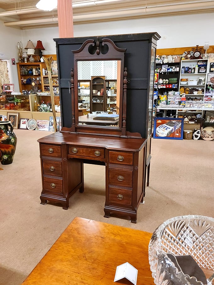 This isn't just a dressing table—it's where someone once prepared to face the world. Morning rituals and evening reflections, all centered around this mirror.