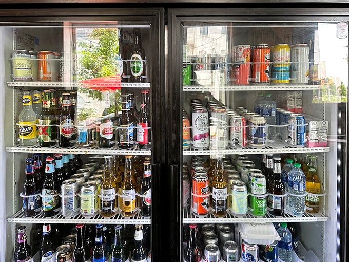 The drink cooler showcases an impressive array of local brews—because nothing complements Maryland seafood like a cold Natty Boh.