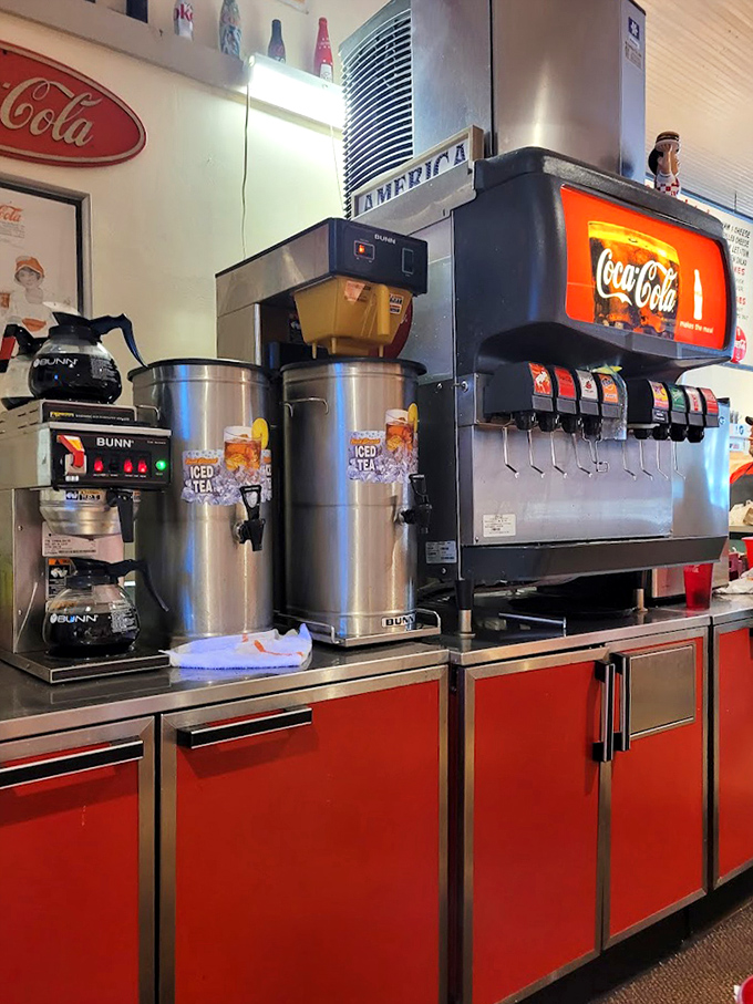 The drink station stands ready to quench thirsts with sweet tea and Coca-Cola—because in the South, these aren't just beverages, they're cultural institutions.