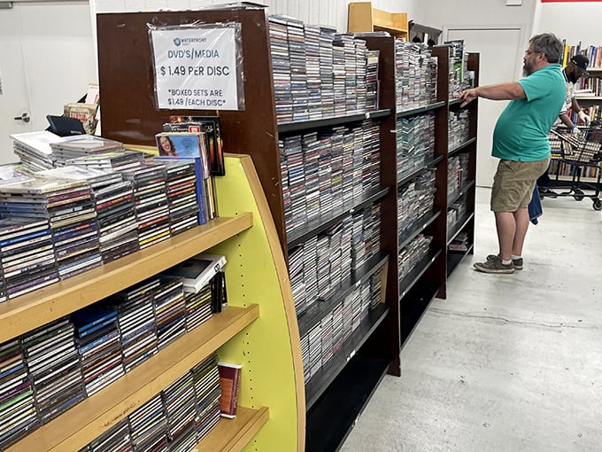 The DVD section—a physical Netflix from the days when "streaming" meant something was wrong with your plumbing.