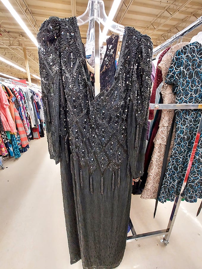 This beaded black evening gown is ready for its second red carpet moment—or perhaps just to make you feel fabulous while watching award shows from your couch.