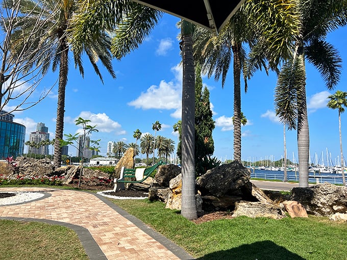 Palm trees frame the walking paths like nature's own exclamation points around this temple of beautiful weirdness.
