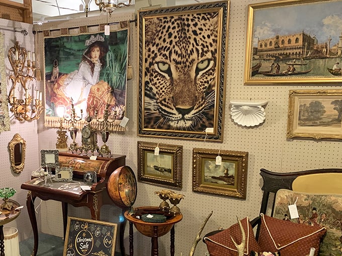 Wall art that ranges from "safari chic" to "European vacation." That leopard looks like he's judging your outfit choices, and honestly, he might be right.