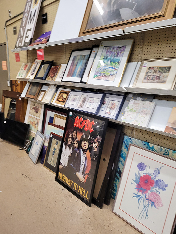 Wall art that spans generations—from floral watercolors to framed AC/DC posters, because your décor should be as eclectic as your music taste.