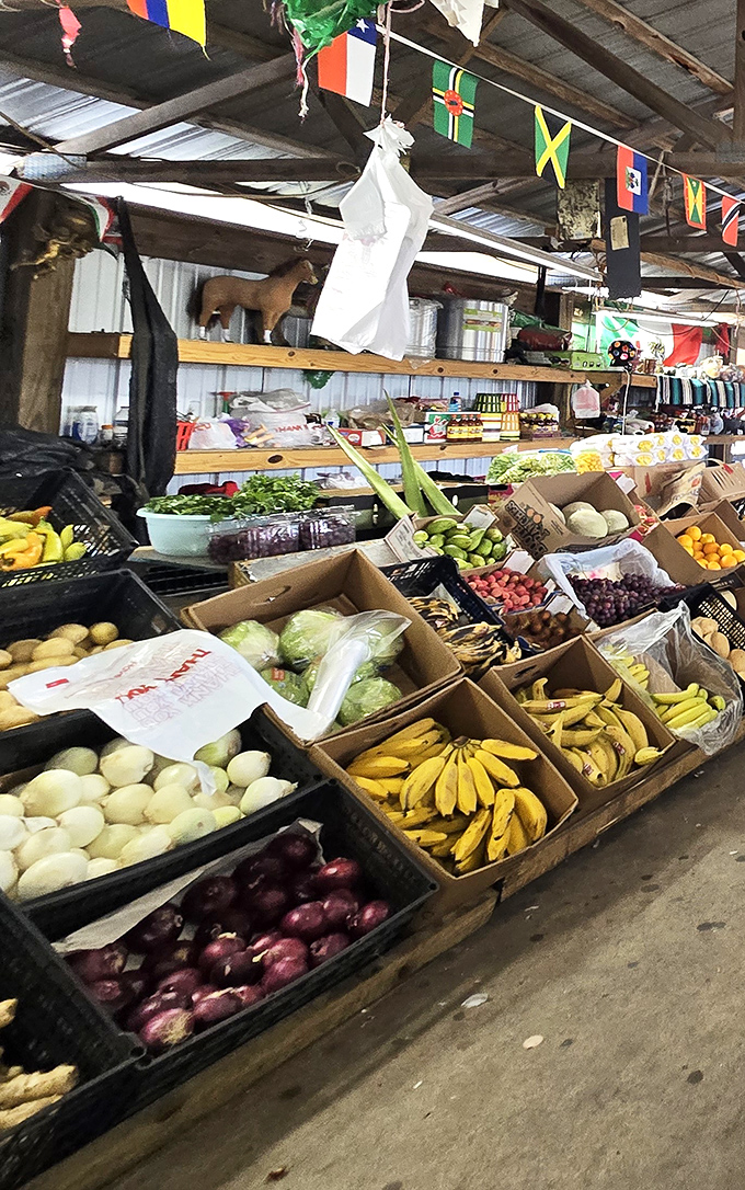 Fresh produce stands bring farm-to-market simplicity amid the collectibles—these bananas and onions traveled fewer miles than most weekend shoppers.