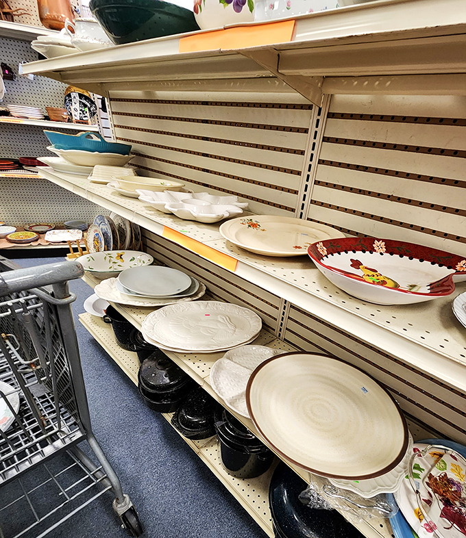 Dish department dreams come true. Whether you need a single replacement plate or an entire mismatched-on-purpose collection, these shelves hold the answer.