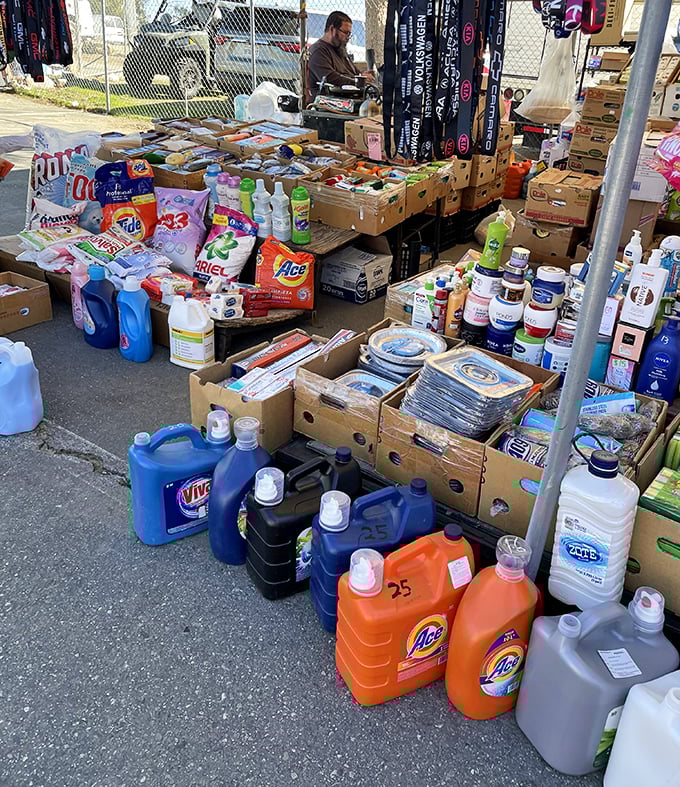 Household essentials stacked like a suburban Tetris game. From laundry soap to paper towels, everyday necessities without the supermarket prices.