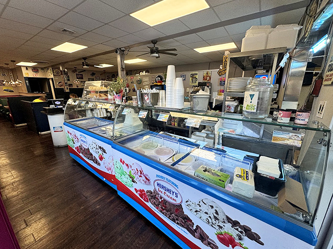 The ice cream counter promises sweet endings to savory beginnings. Dessert isn't optional—it's essential research.