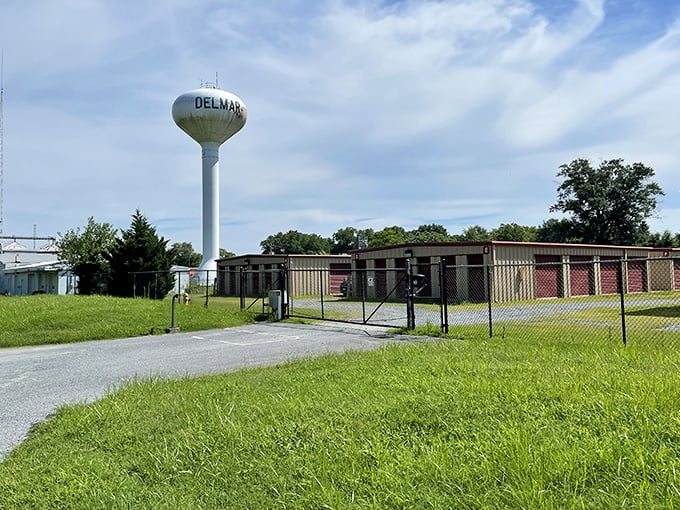 The iconic Delmar water tower stands tall, much like your retirement savings will when you live in this budget-friendly town.