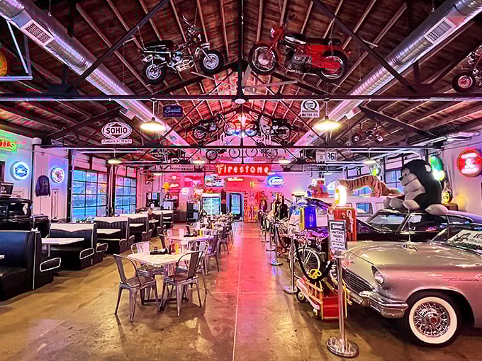 More motorcycles hanging from the ceiling than your average Harley dealership. The ultimate "look up" moment between bites of burger.