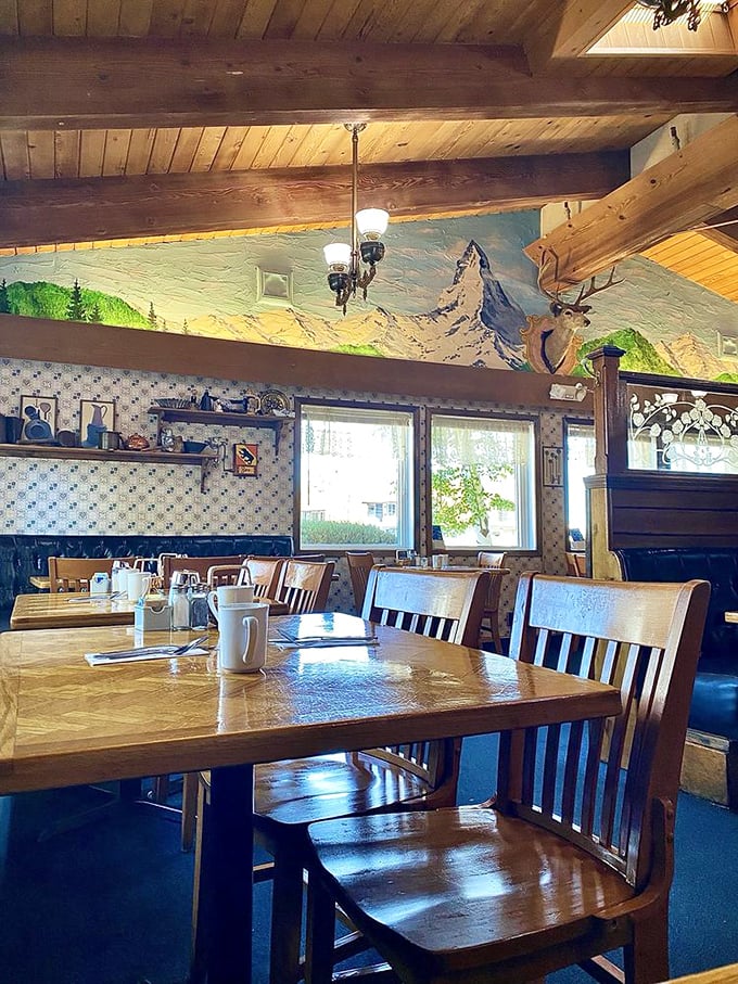 Somewhere between a Swiss chalet and a mountain lodge, with a mural that reminds you exactly where you are—paradise.