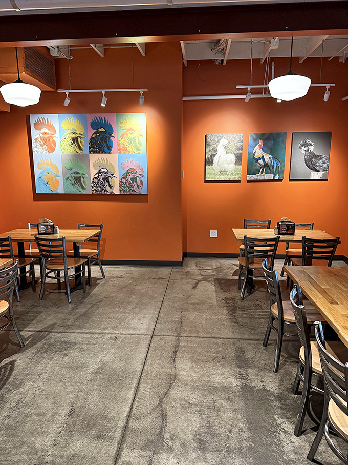 Rooster artwork watches over diners like poultry guardian angels. They've seen things—mostly people underestimating the "Hot" level.