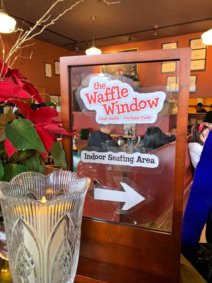 The welcoming interior signage points the way to waffle happiness. Like following a delicious treasure map to X marks the spot.
