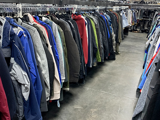 The jacket aisle – a rainbow of outerwear options that'll have you secretly hoping for a cold front in typically sweltering Texas.