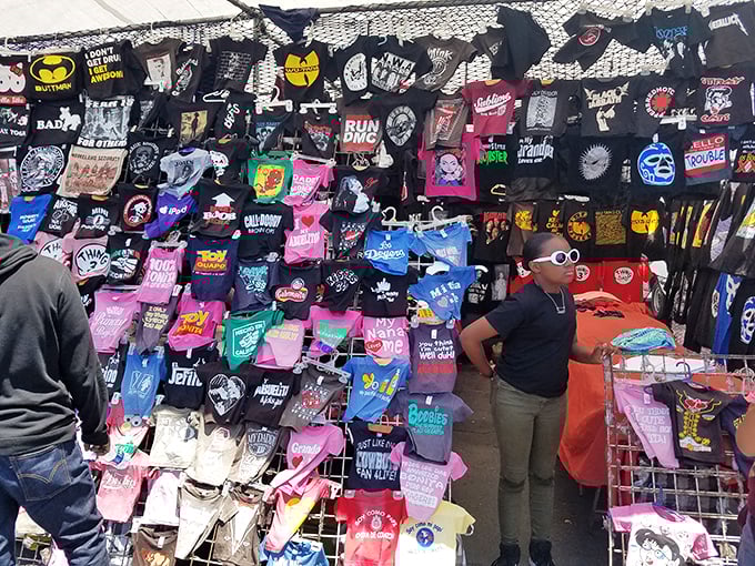 A wall of band shirts that serves as both fashion statement and musical autobiography. Wear your heart on your sleeve—or your chest.