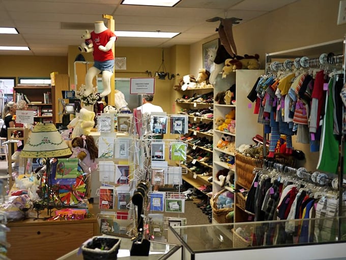 The children's area is a magical playground of stuffed animals, toys, and clothes—nostalgia for adults, wonderland for kids.