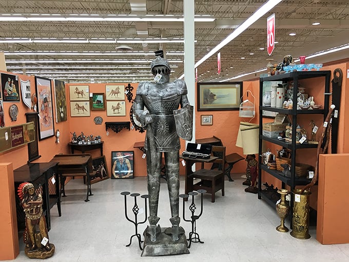 This magnificent metal knight stands guard over treasures fit for a castle—or perhaps your entryway, if you're feeling particularly medieval this Tuesday.