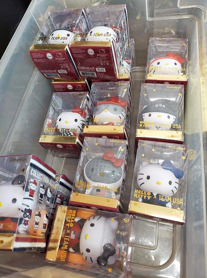 Hello Kitty collectibles lined up like tiny ambassadors of joy, proving one person's decluttering becomes another's prized collection.
