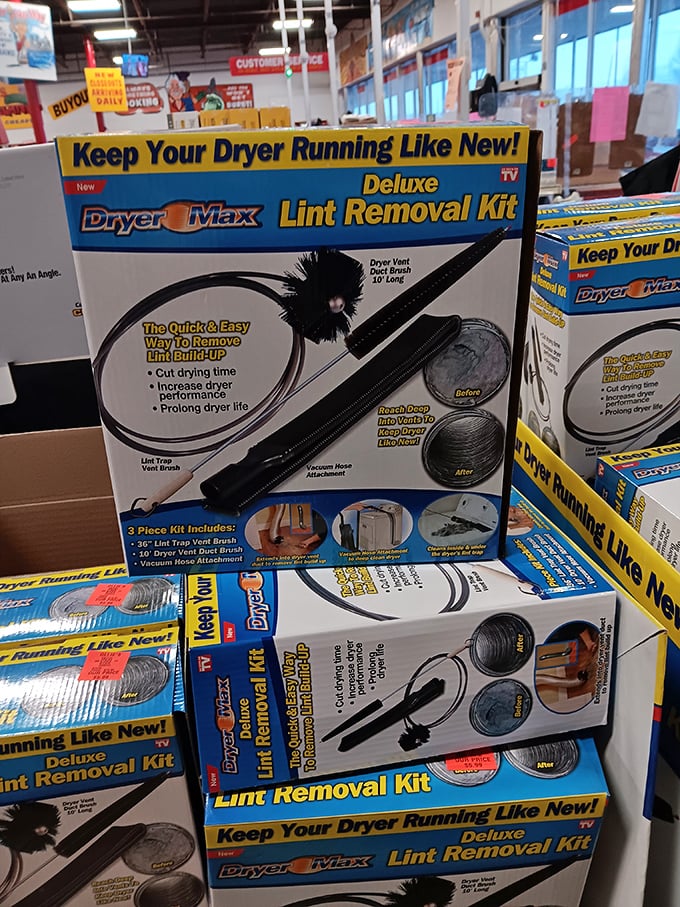 The "As Seen On TV" section delivers solutions to problems you didn't know you had—like this lint removal kit that promises dryer salvation.