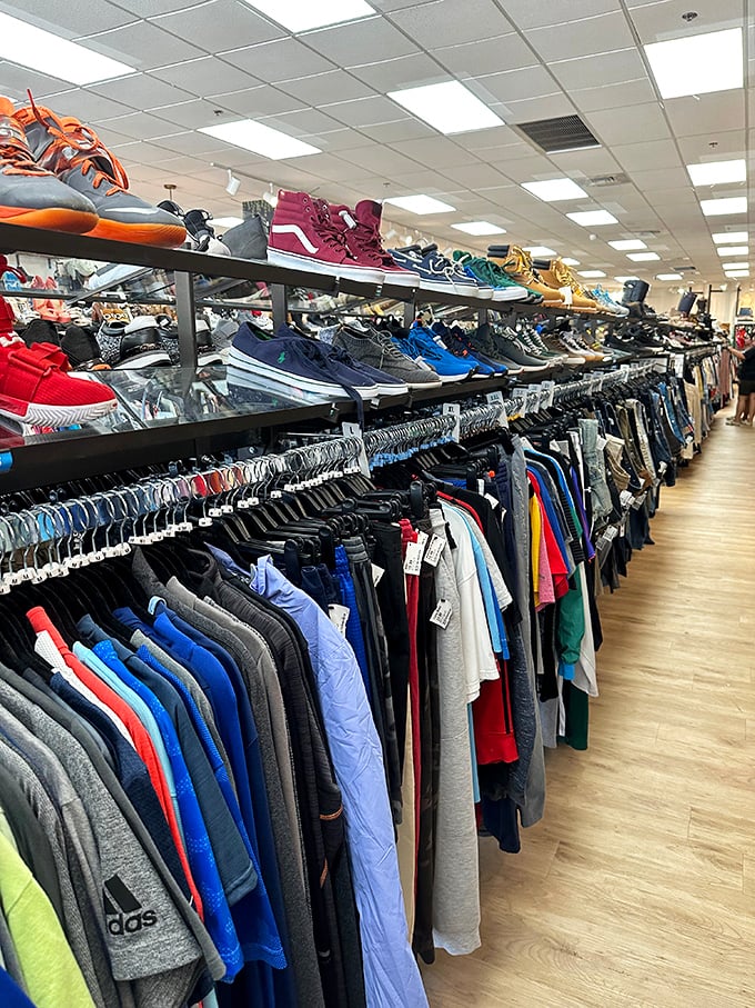 The men's section proves style has no gender – just well-organized racks of button-downs, tees, and jeans at prices that won't trigger anxiety.