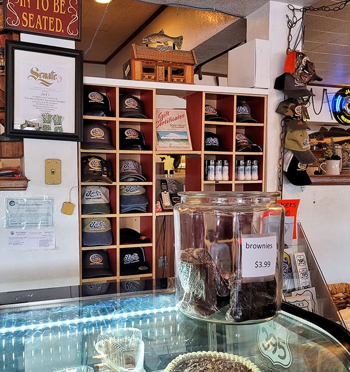 Jack's merchandise wall – where you can take home a souvenir that says "I survived a breakfast that required hiking gear to finish."