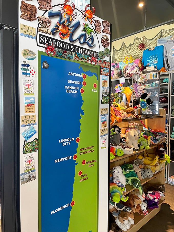 A colorful map showing Mo's coastal empire—proof that good seafood creates not just customers, but a legacy spanning generations.